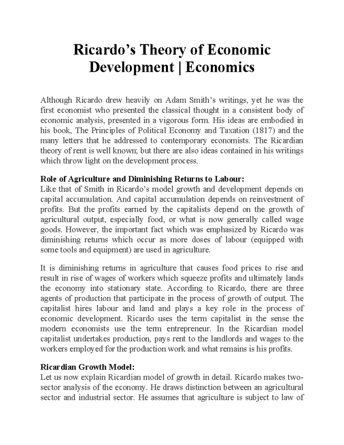 Ricardo theory of deveolpment - Ricardo’s Theory of Economic ...