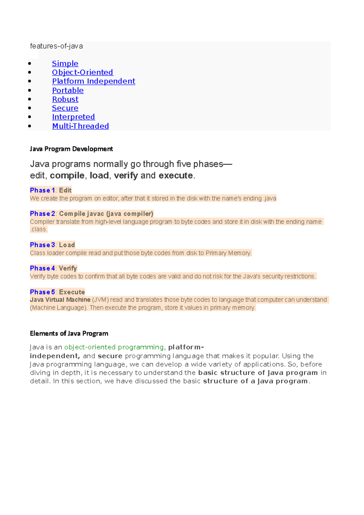 Java - features-of-java Simple Object-Oriented Platform Independent Portable Robust - Studocu