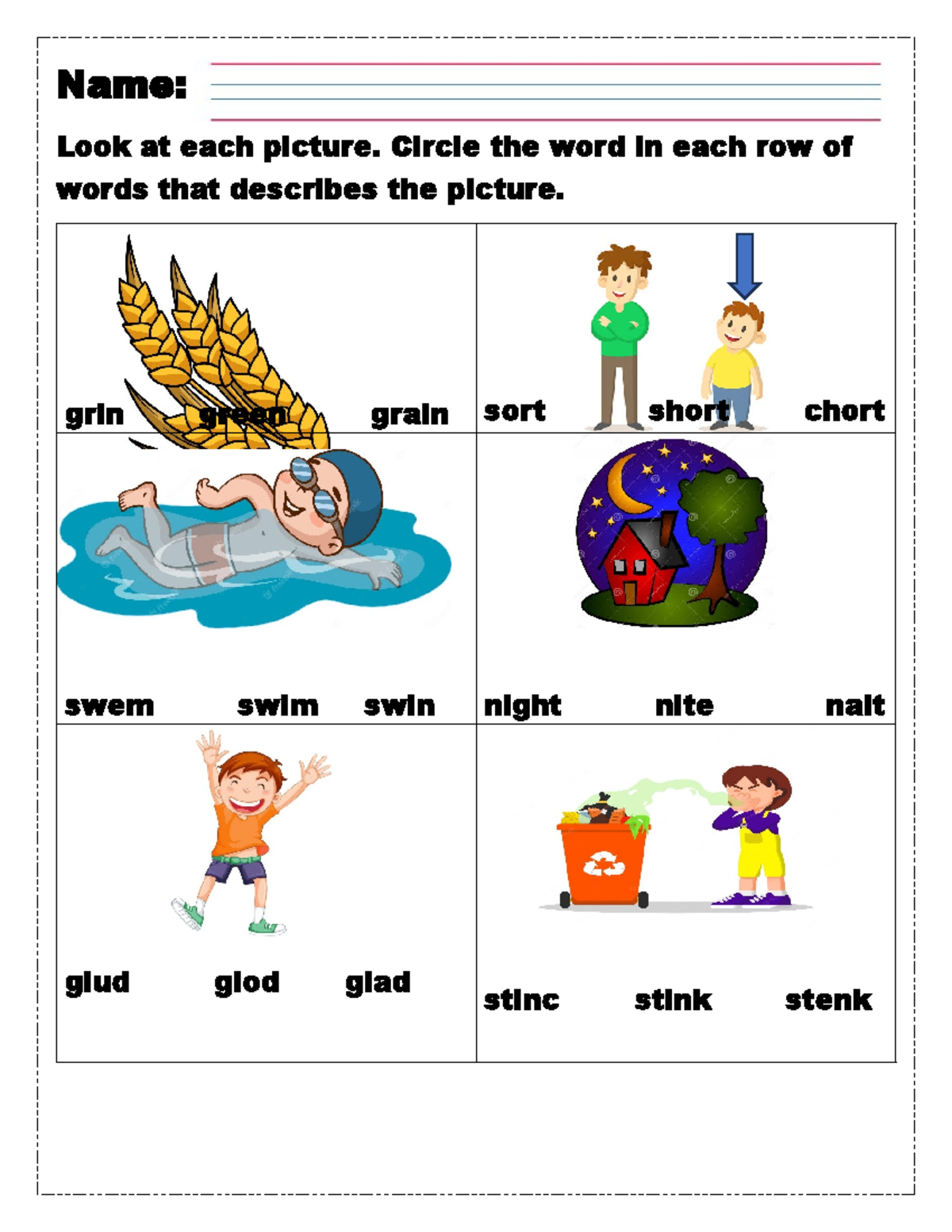 Worksheets-co - Name: Look at each picture. Circle the word in each row ...