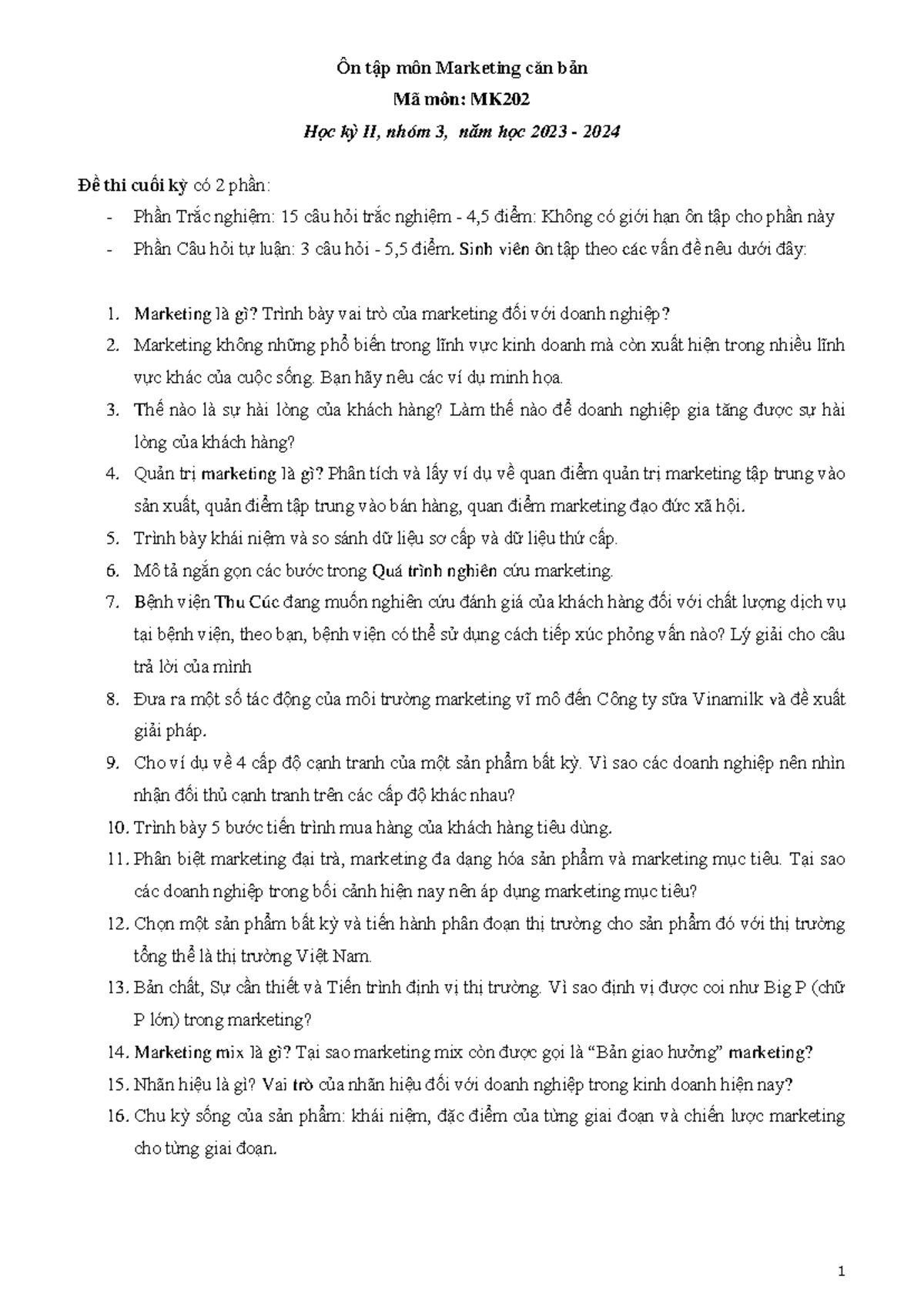 Ontapmktcb K2N3 2324 - phuongphap - 1 Ôn tập môn Marketing căn bản Mã ...