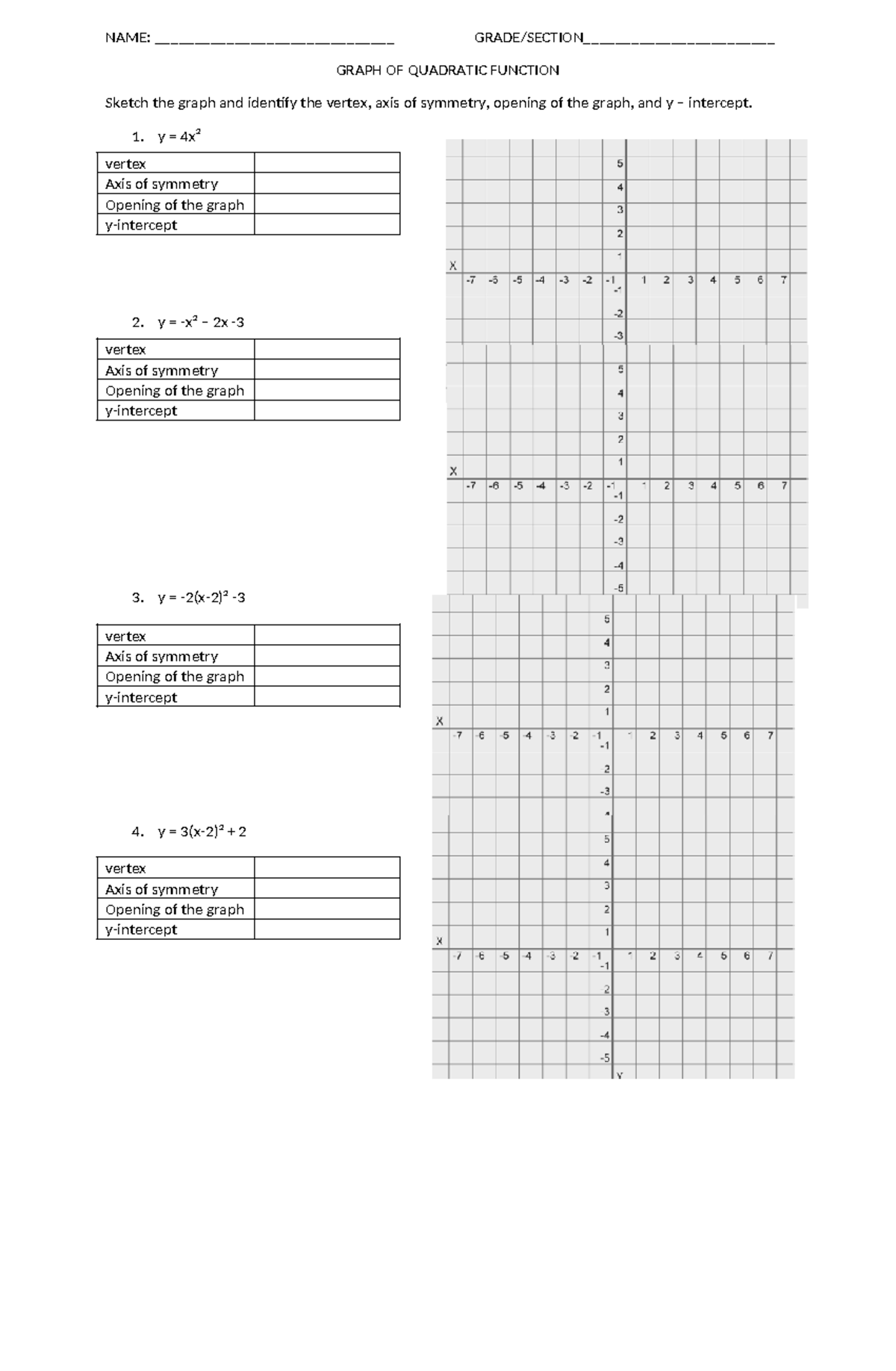 Graph of Quadratic Function - NAME ...
