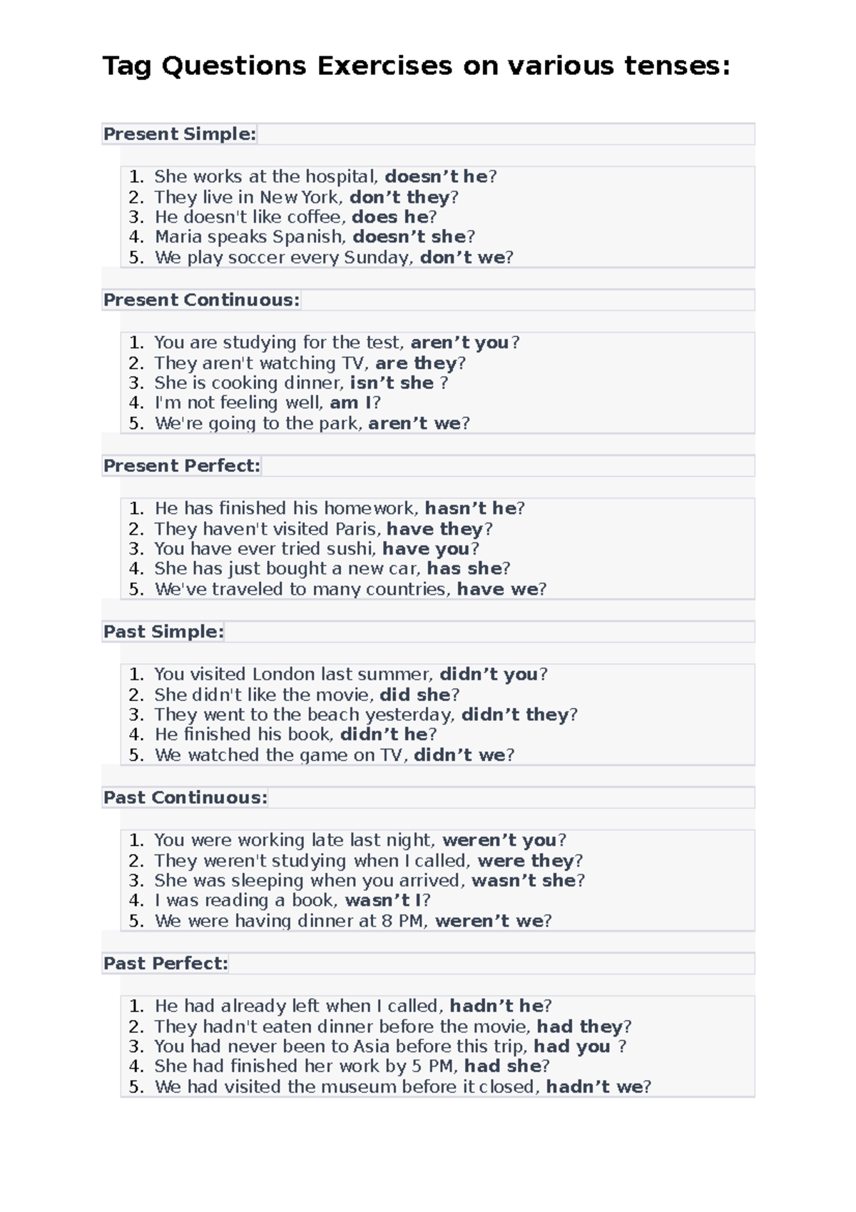 Exercies - Tag questions all tenses - Tag Questions Exercises on ...