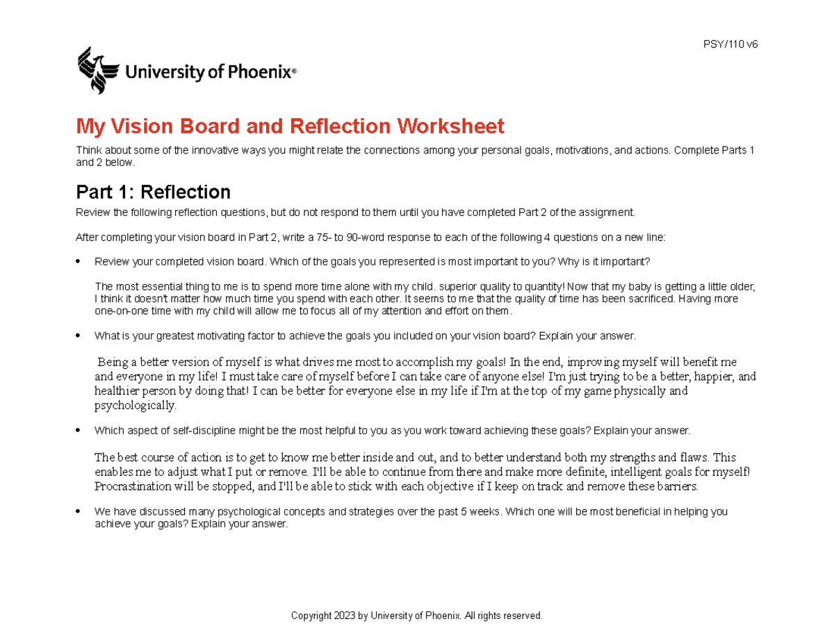 Psy110 v6 wk5 my vision board and reflection worksheet - PSY/110 v My ...
