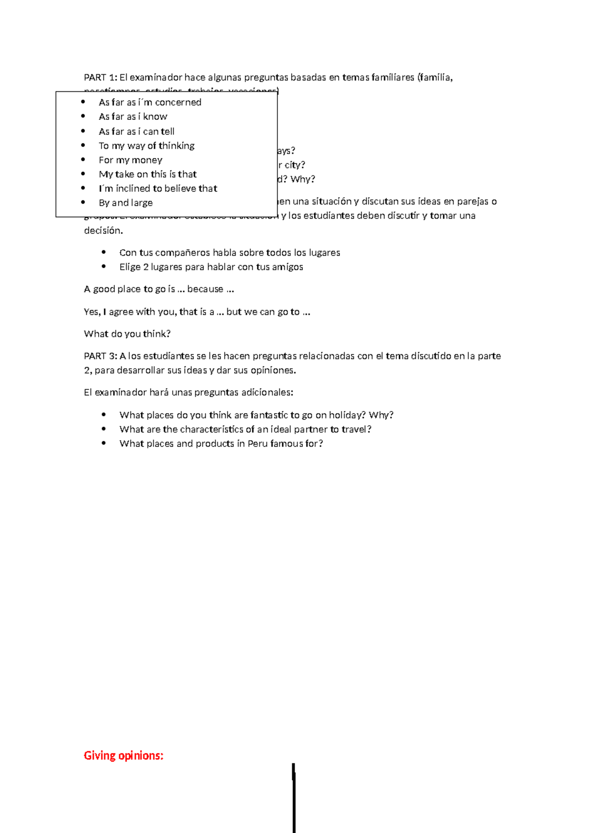 Frases speaking ingles - PART 1: El examinador hace algunas preguntas ...