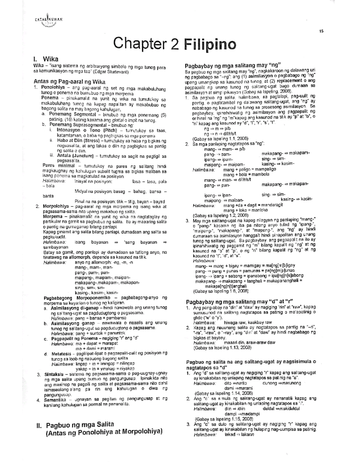 Filipino- Reviewer - CATAL NUHAN 15 Chapter 2 Filipino I. Wika Wika ...