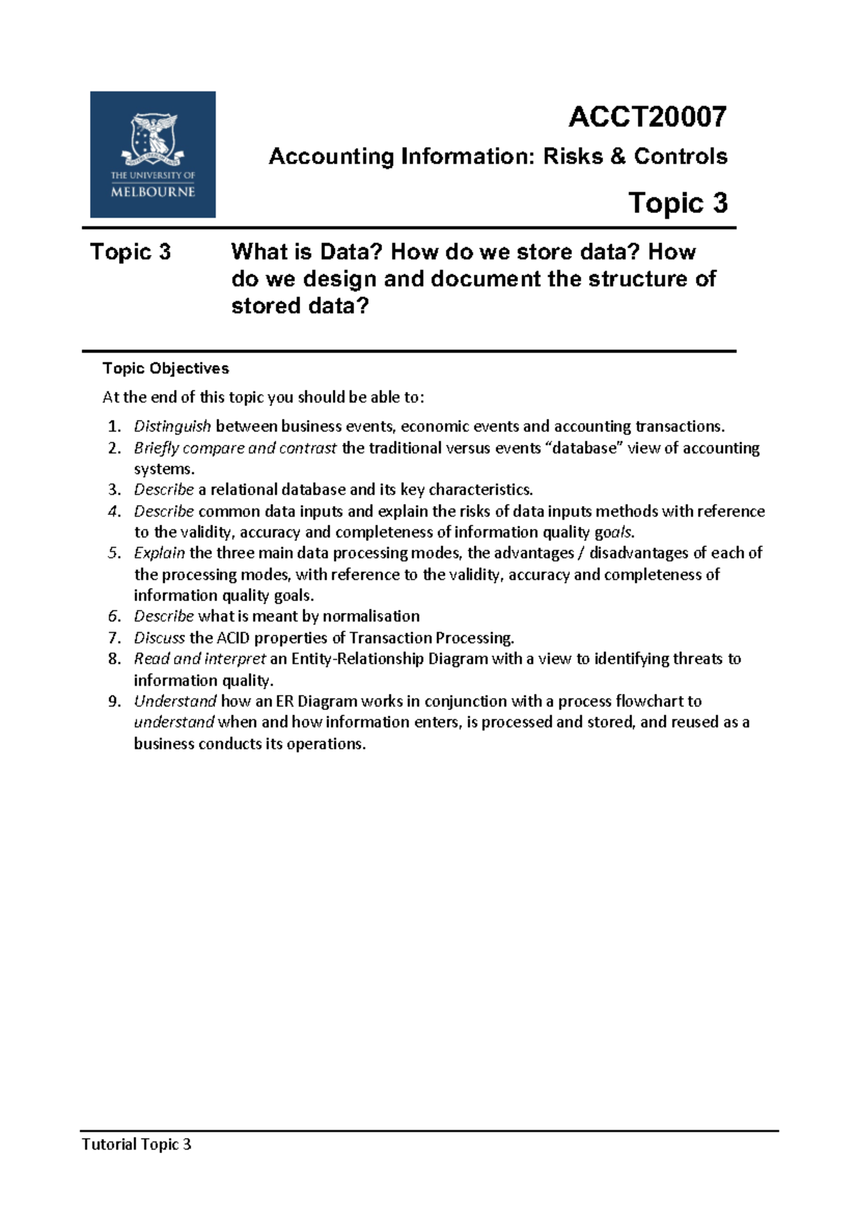 ACCT20007 Tutorial Topic 3 - ACCT Accounting Information: Risks ...