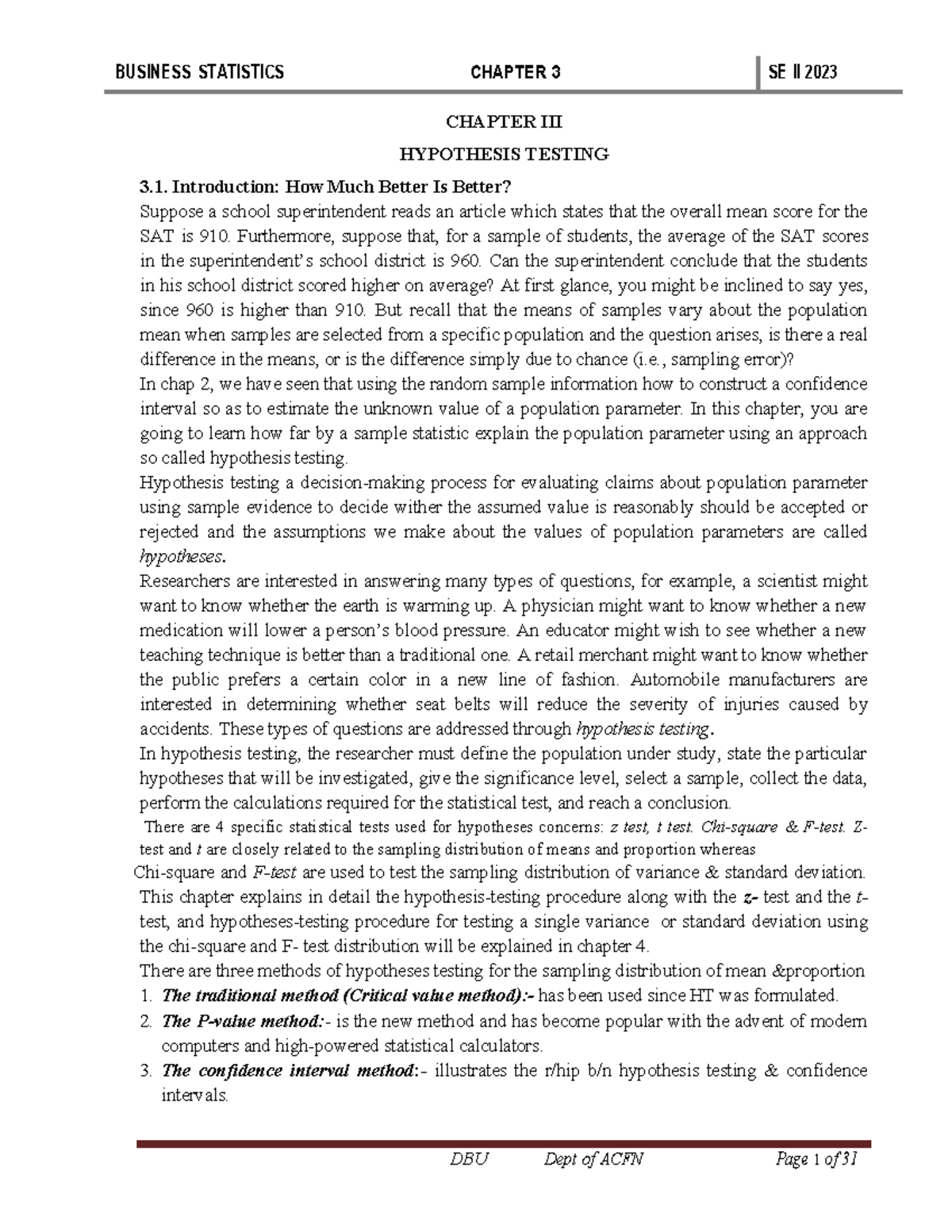 Business Statistics Chap III - BUSINESS STATISTICS CHAPTER 3 SE II 2023 ...