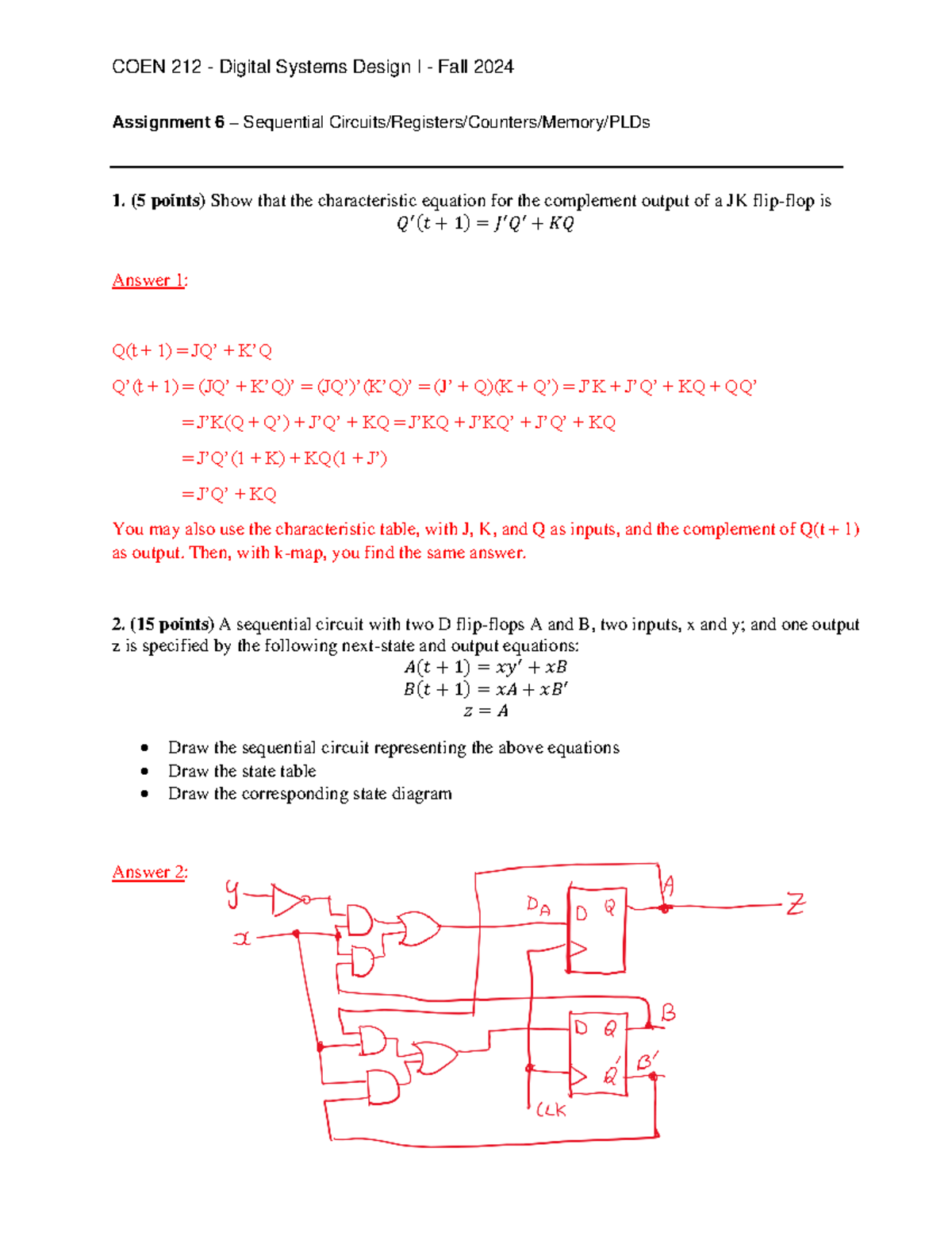 Assignment 6 Sol - solution set - Assignment 6 – Sequential Circuits/Registers/Counters/Memory ...