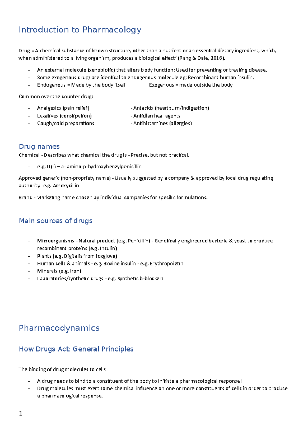 Pharmacodynamics - Topic 1 Summary - Introduction to Pharmacology Drug ...