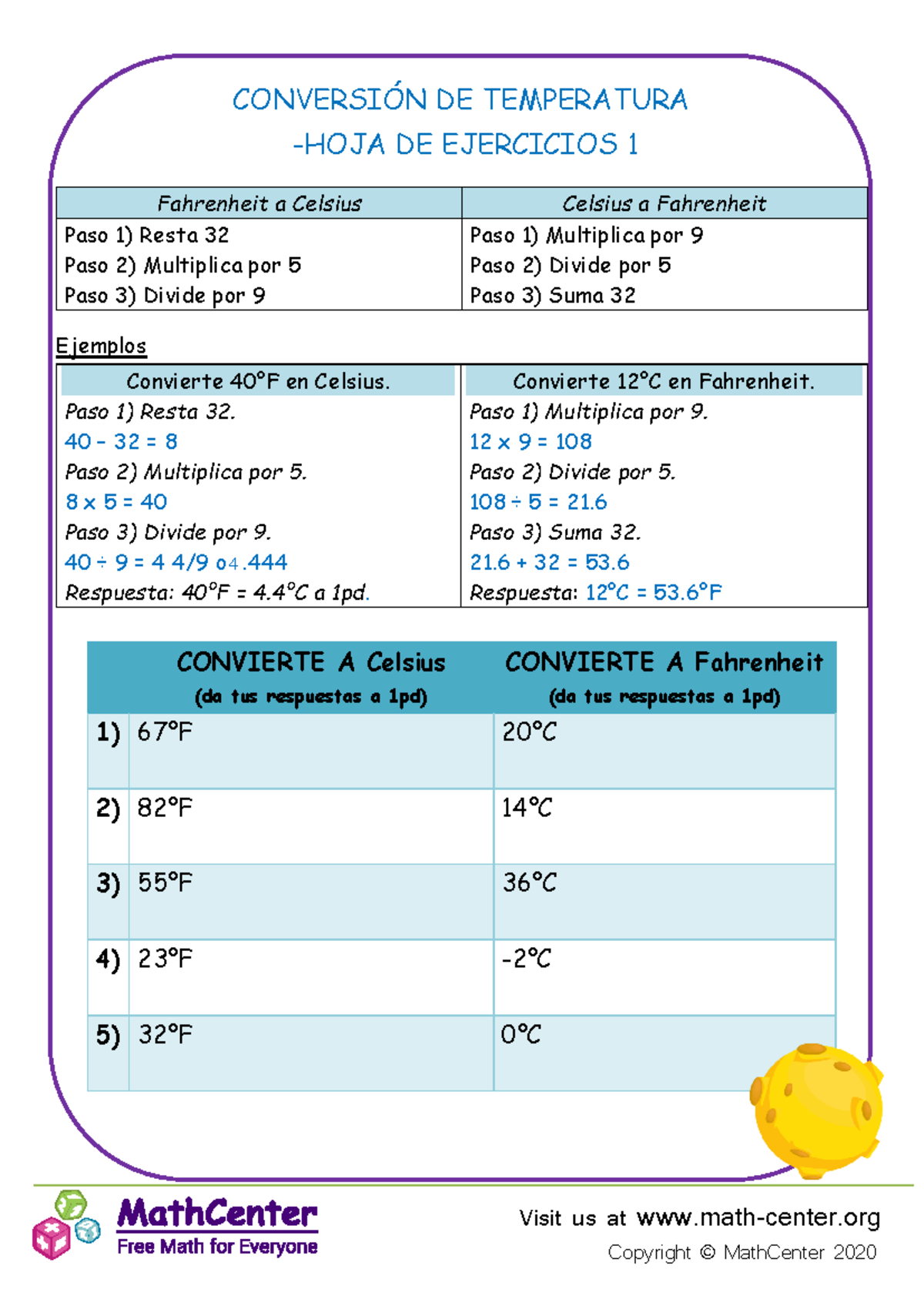 Temperature conversion worksheet 1 - Visit us at math-center Copyright ...