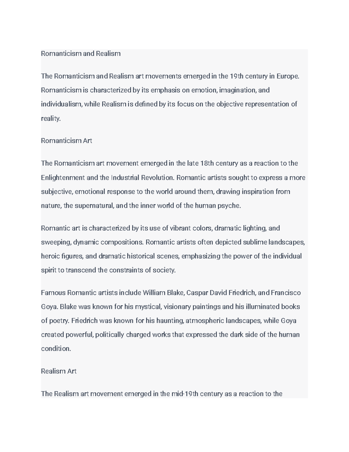 European Art History - Romanticism and Realism The Romanticism and ...