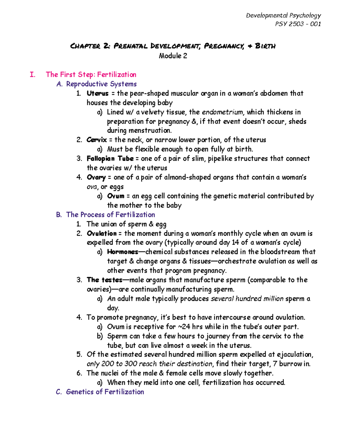 PSY 2503 Developmental Psych Chapter 2 Prenatal Development Pregnancy ...