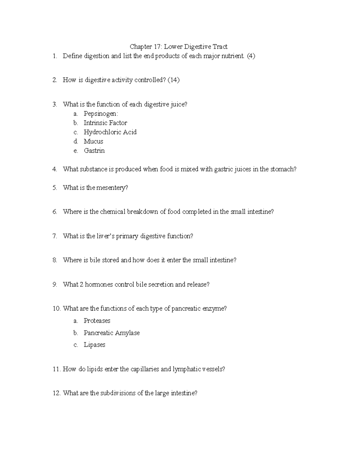 Digestive System Review - Chapter 17: Lower Digestive Tract Define ...