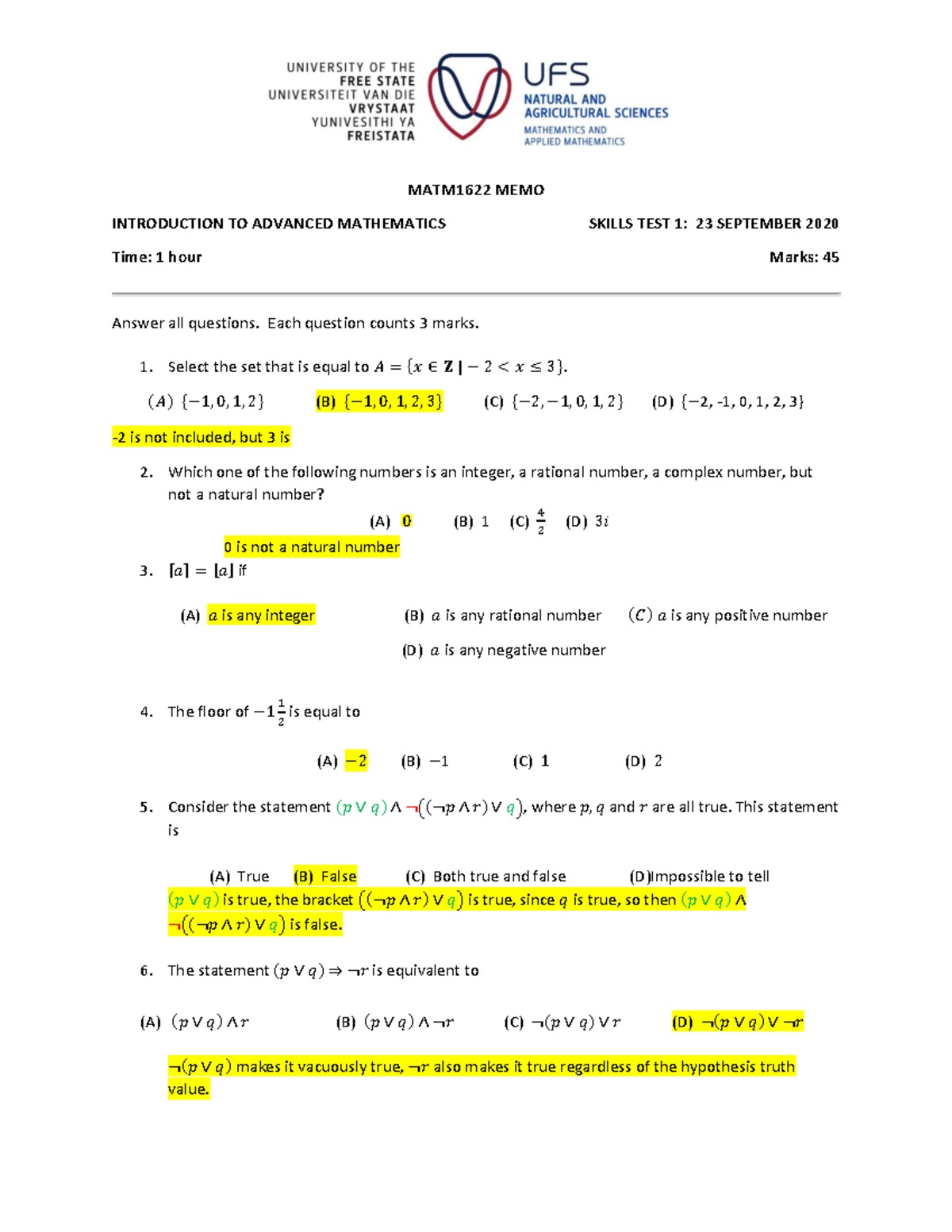 Skills Test 1 Memo Class Exercise Memo Matm1622 Memo Introduction To Advanced Mathematics
