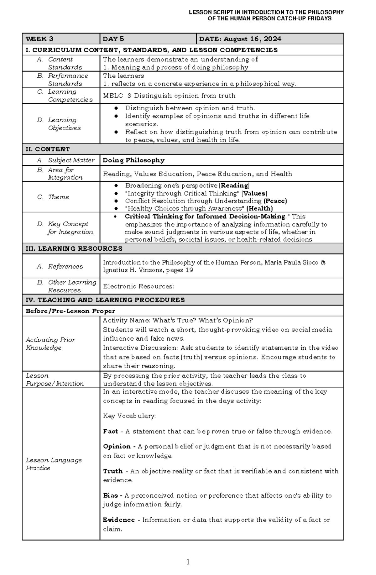 LS- Philo-WEEK 3 - A lesson script serves as a detailed guide for ...