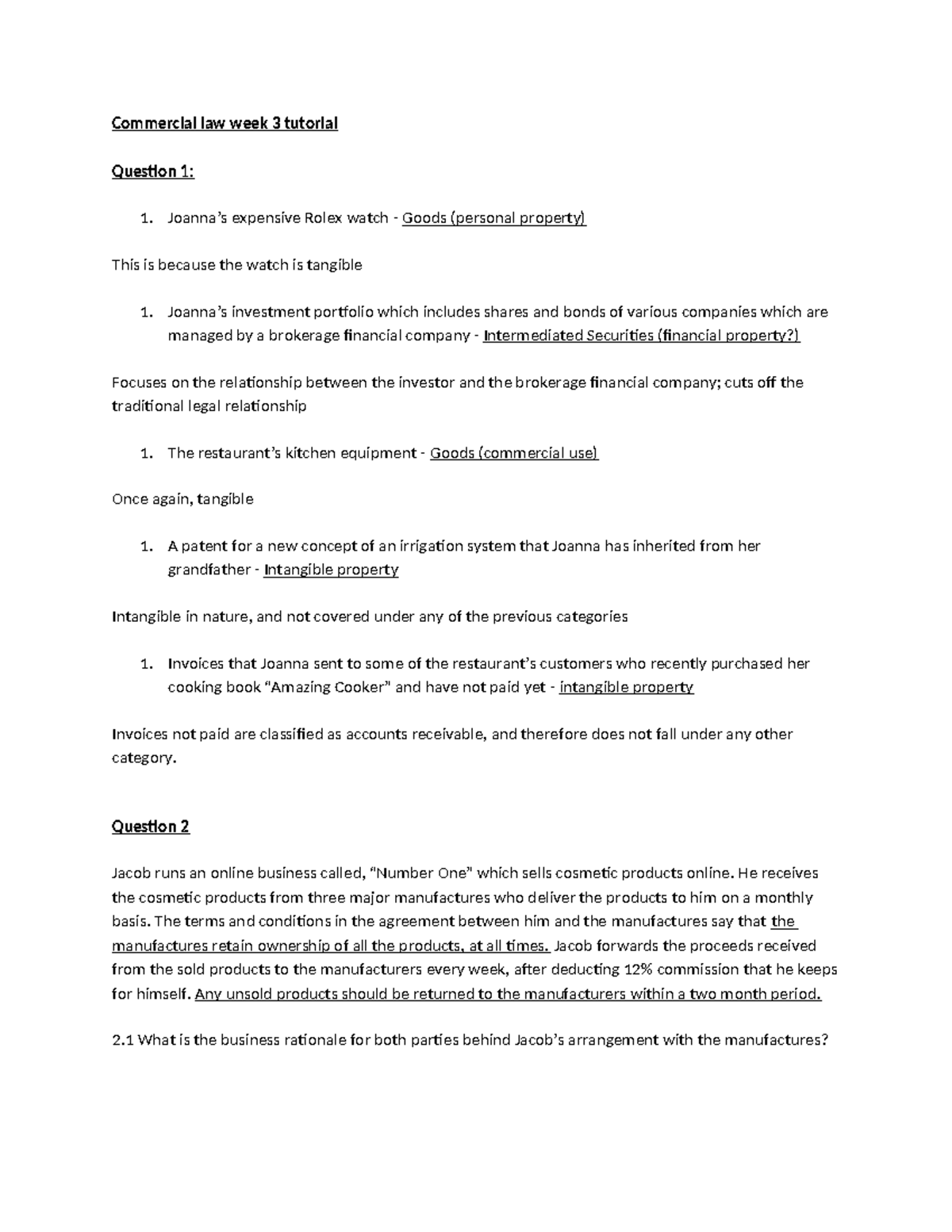Commercial law week 3 tutorial - Commercial law week 3 tutorial ...