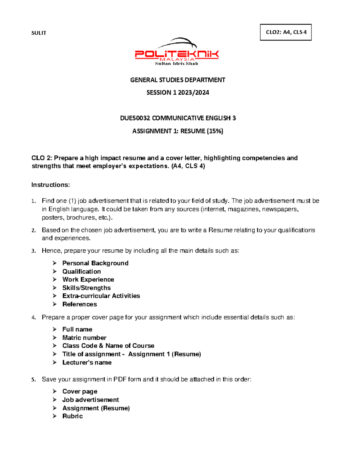 Resume TASK Sheet AND Rubric - SULIT GENERAL STUDIES DEPARTMENT SESSION ...