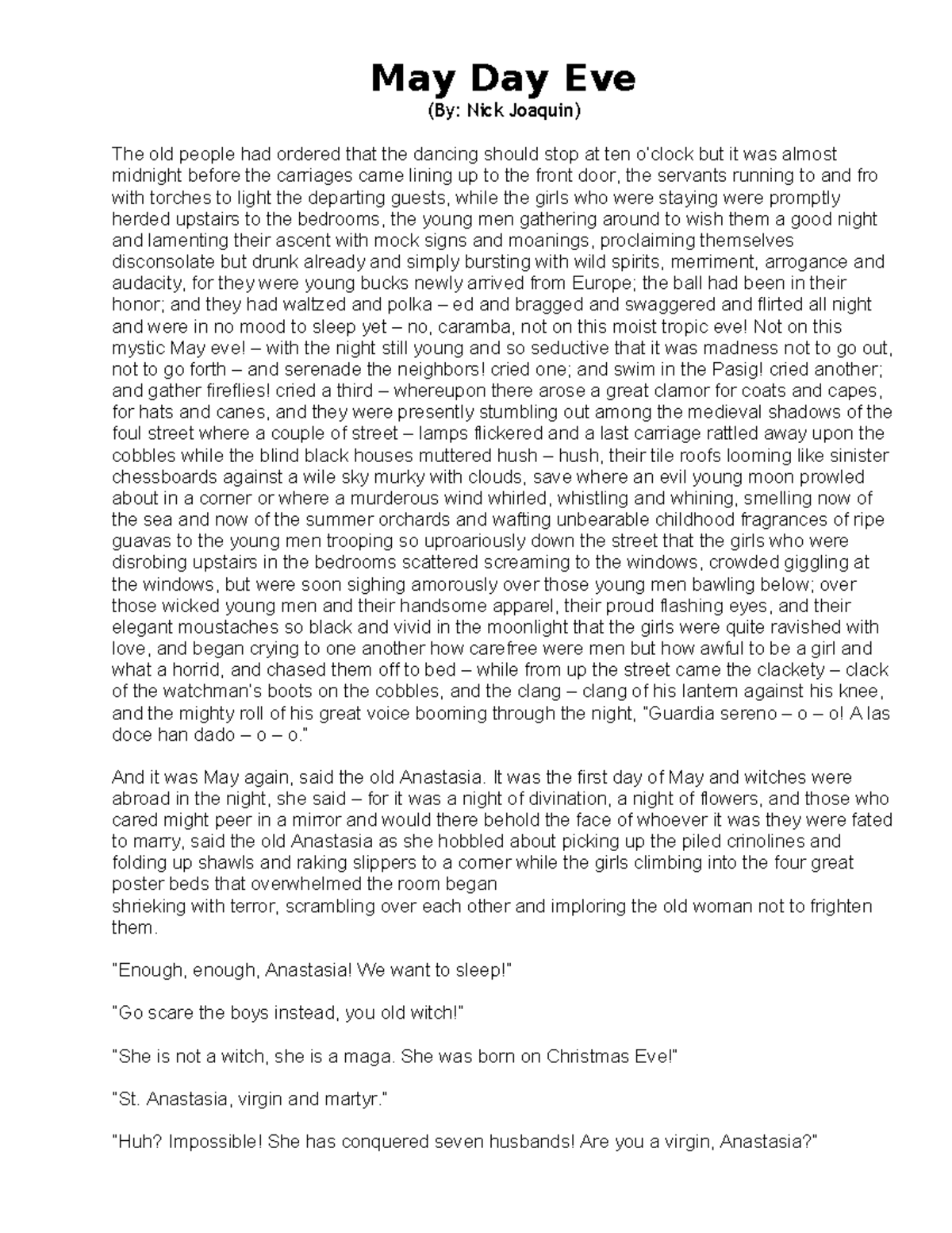 PHIL LIT May Day Eve Text - May Day Eve (By: Nick Joaquin) The old ...