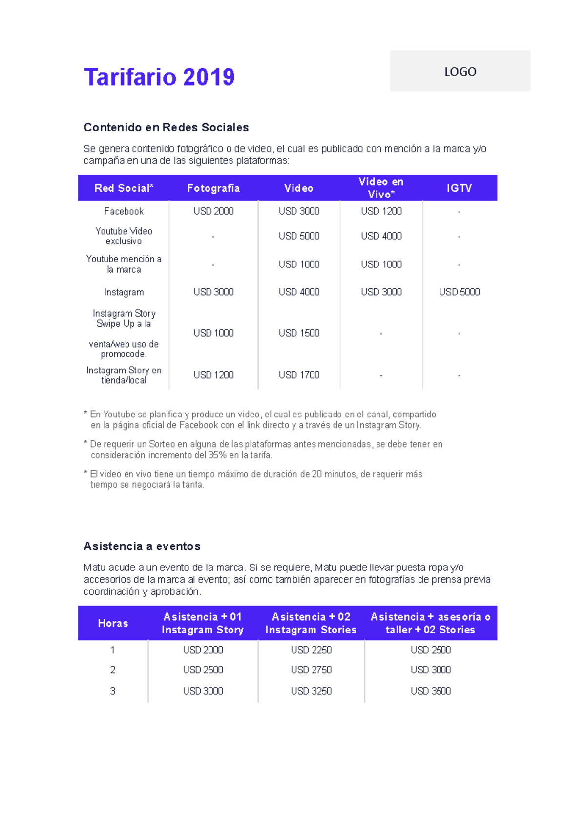 Tarifario (Actualizalo con tus datos) - Tarifario 2019 Contenido en Redes Sociales Se genera ...