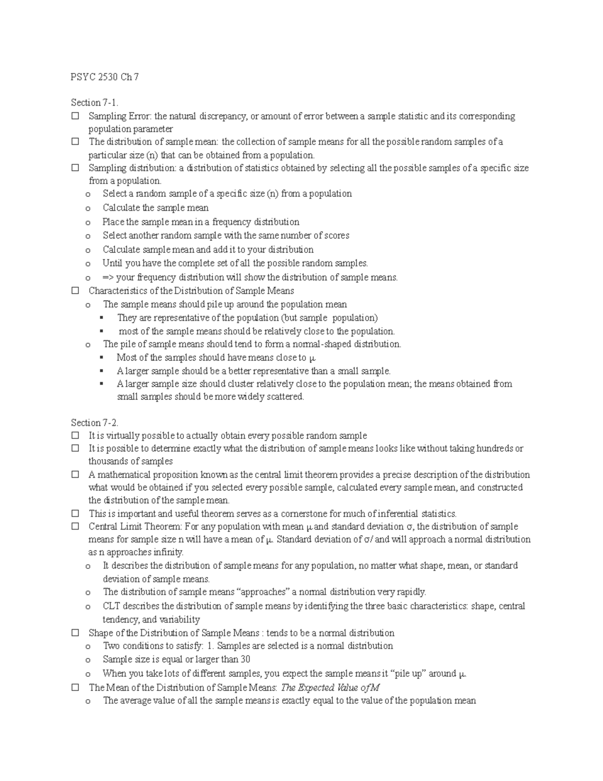 PSYC 2530 Ch 7 Note - This is a course note for Statistics I, Chapter 7. - PSYC 2530 Ch 7 ...