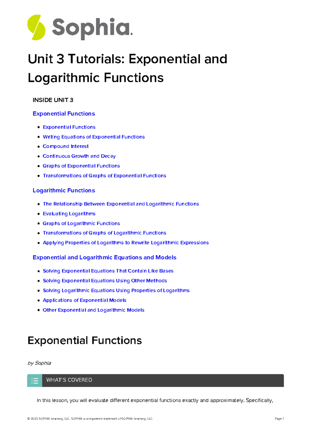 Unit 3 tutorials exponential and logarithmic functions - Unit 3 Tutorials: Exponential and - Studocu