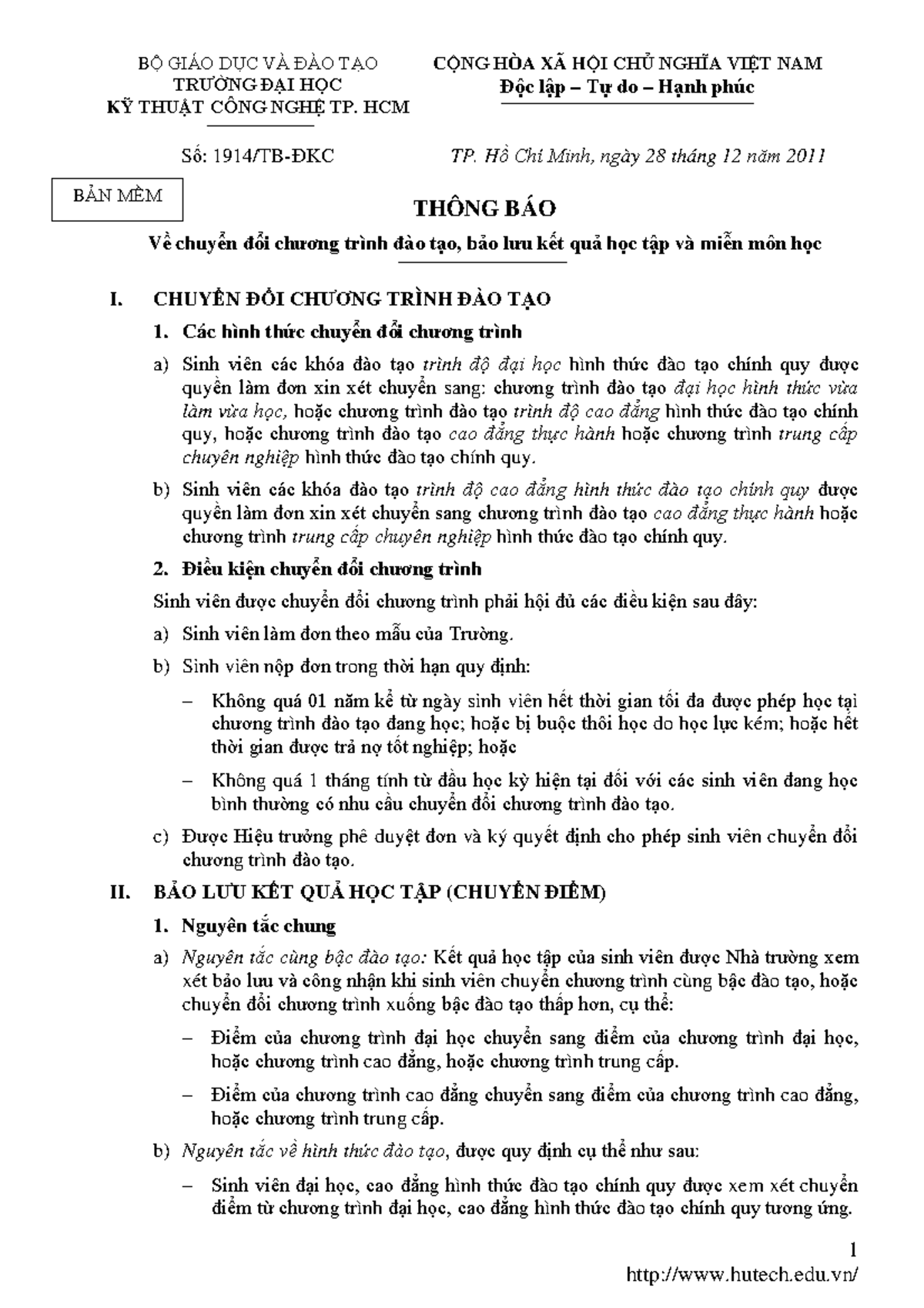 TB v v chuyen doi CTDT bao luu chuyen diem mien mon hoc - 1 hutech.edu/ BỘ GIÁO DỤC VÀ ĐÀO TẠO ...