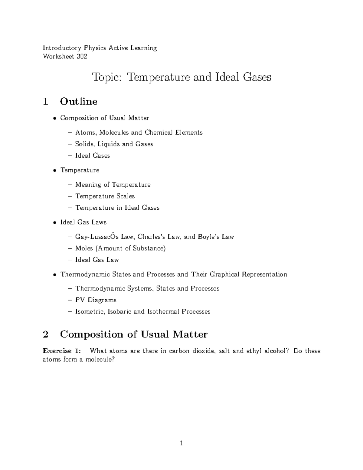 Worksheet 302 Temperature And Ideal Gases - Introductory Physics Active ...
