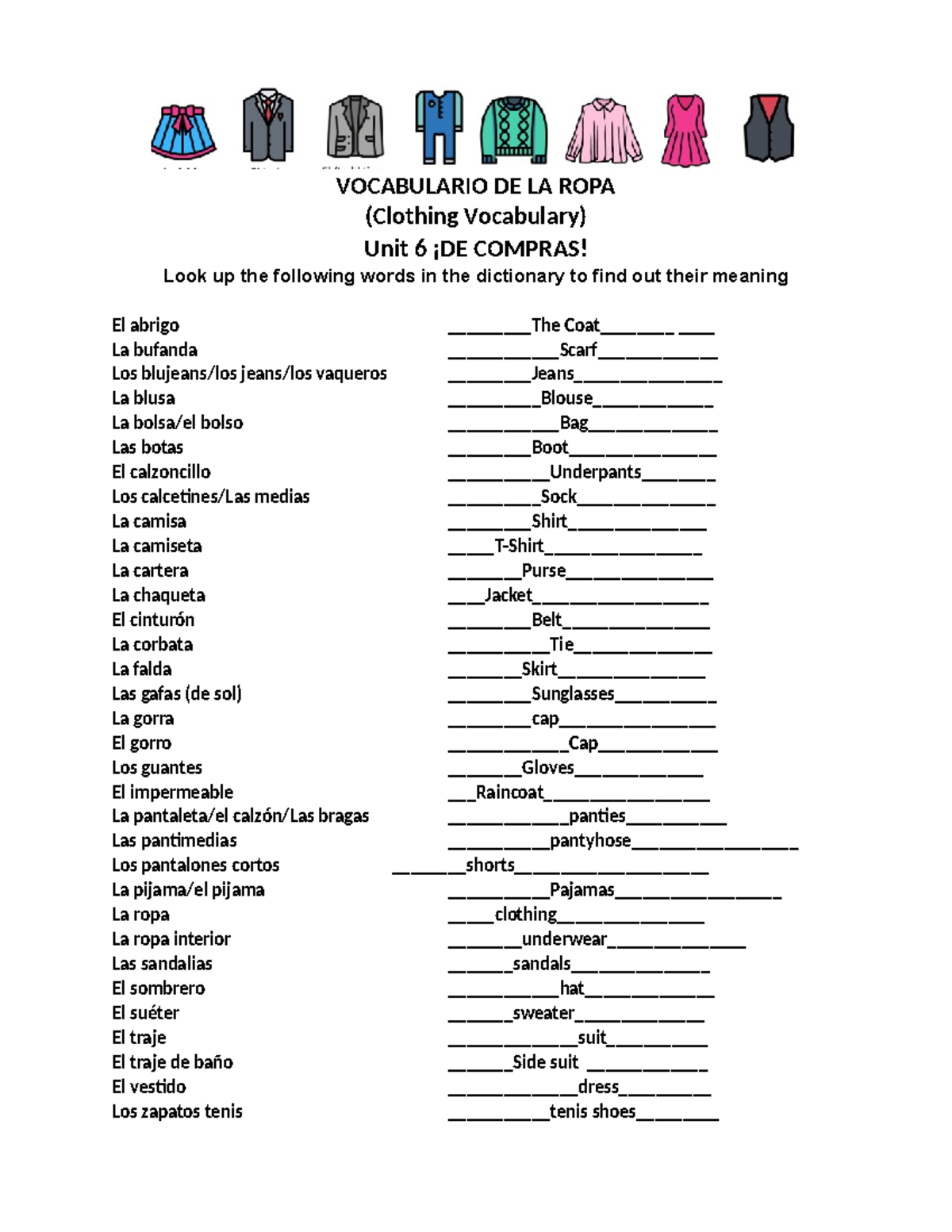 Vocabulario DE LA ROPA - Spanish Vocab - VOCABULARIO DE LA ROPA ...