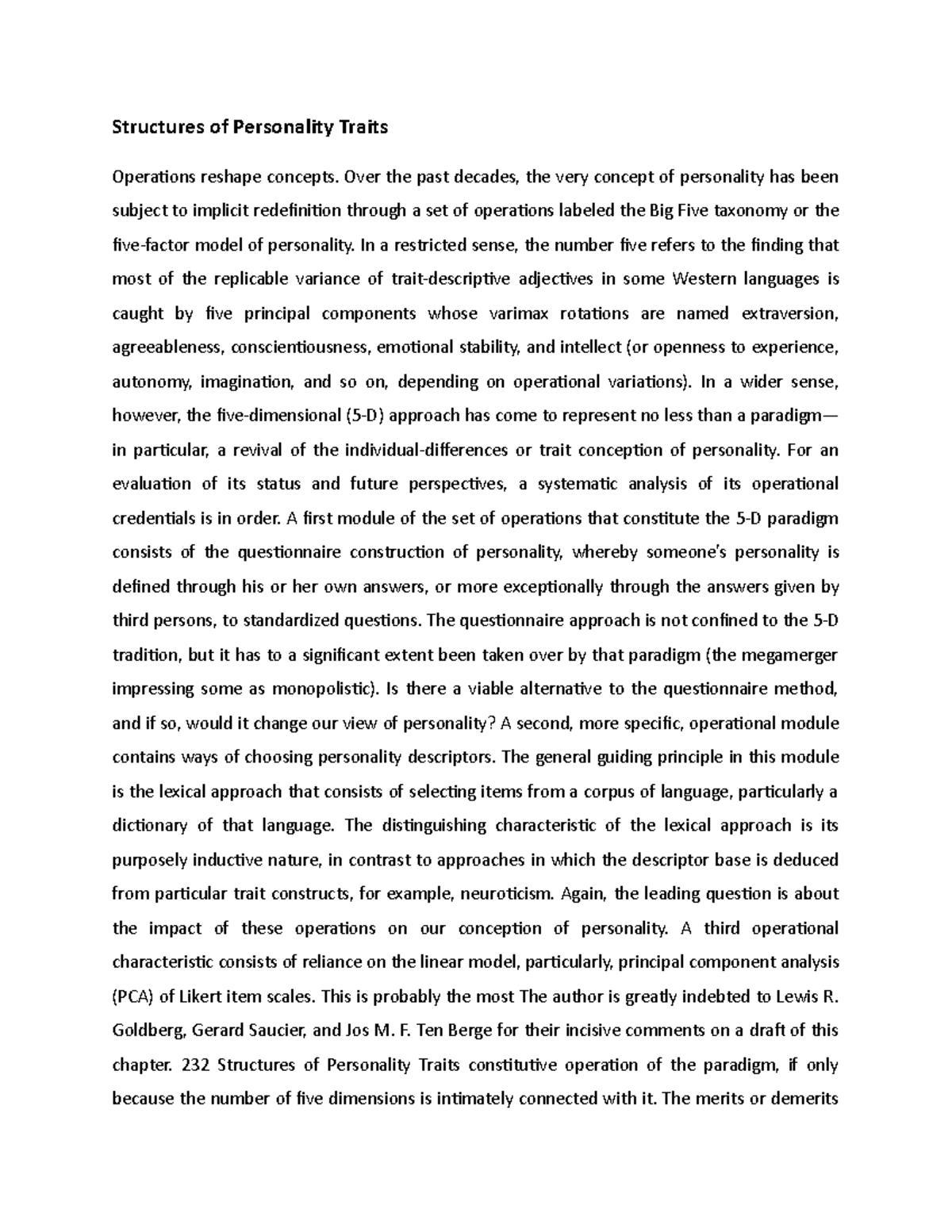 Structures of Personality Traits - Structures of Personality Traits ...