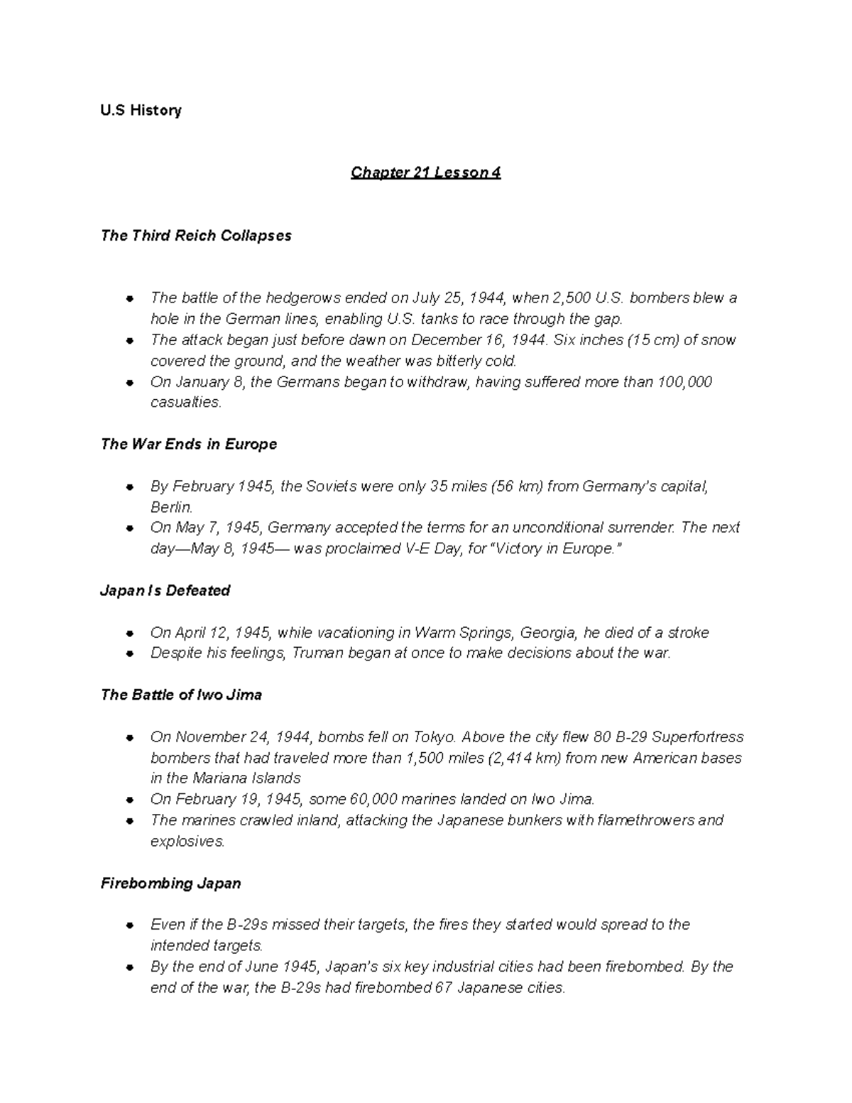 lecture course work and assignments for United States History class ...