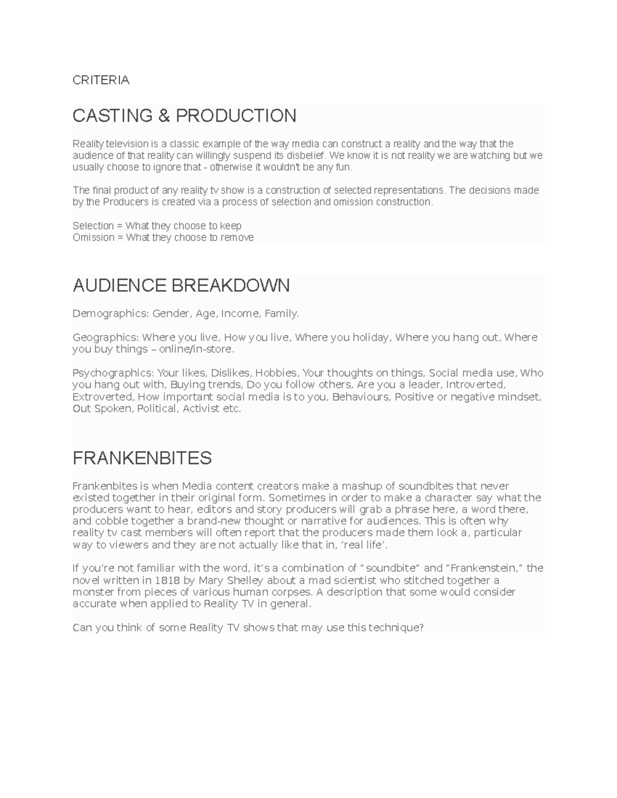 Alternative solutions - CRITERIA CASTING & PRODUCTION Reality ...