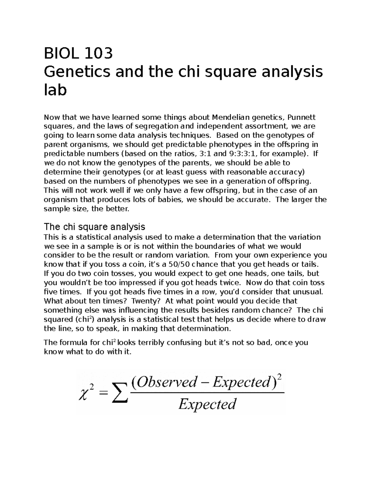 Genetics lab and chi square analysis worksheets and report Spring 2022 ...