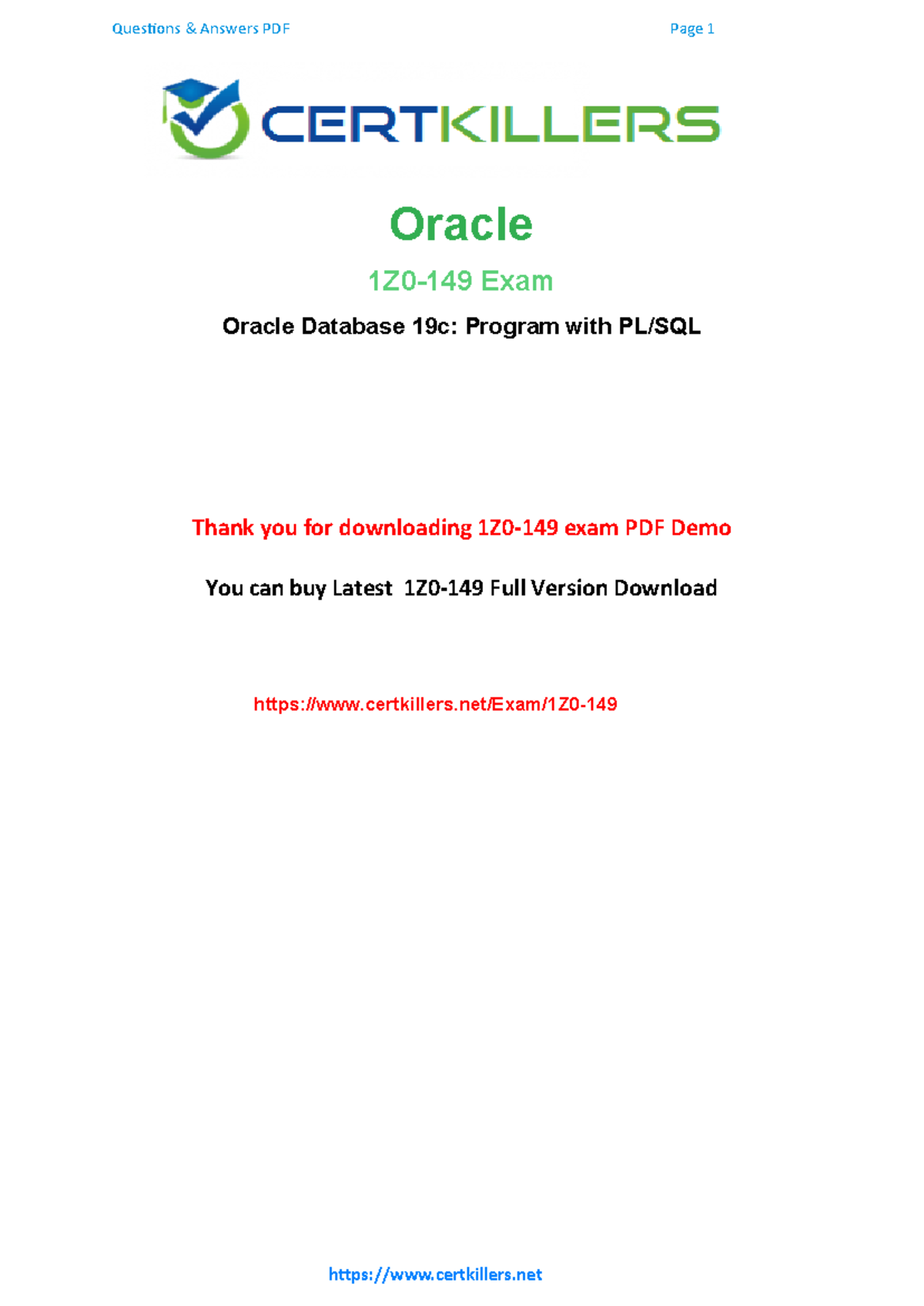 1Z0-149 - Questions and answerds - Oracle 1Z0-149 Exam Oracle Database 19c: Program with PL/SQL ...