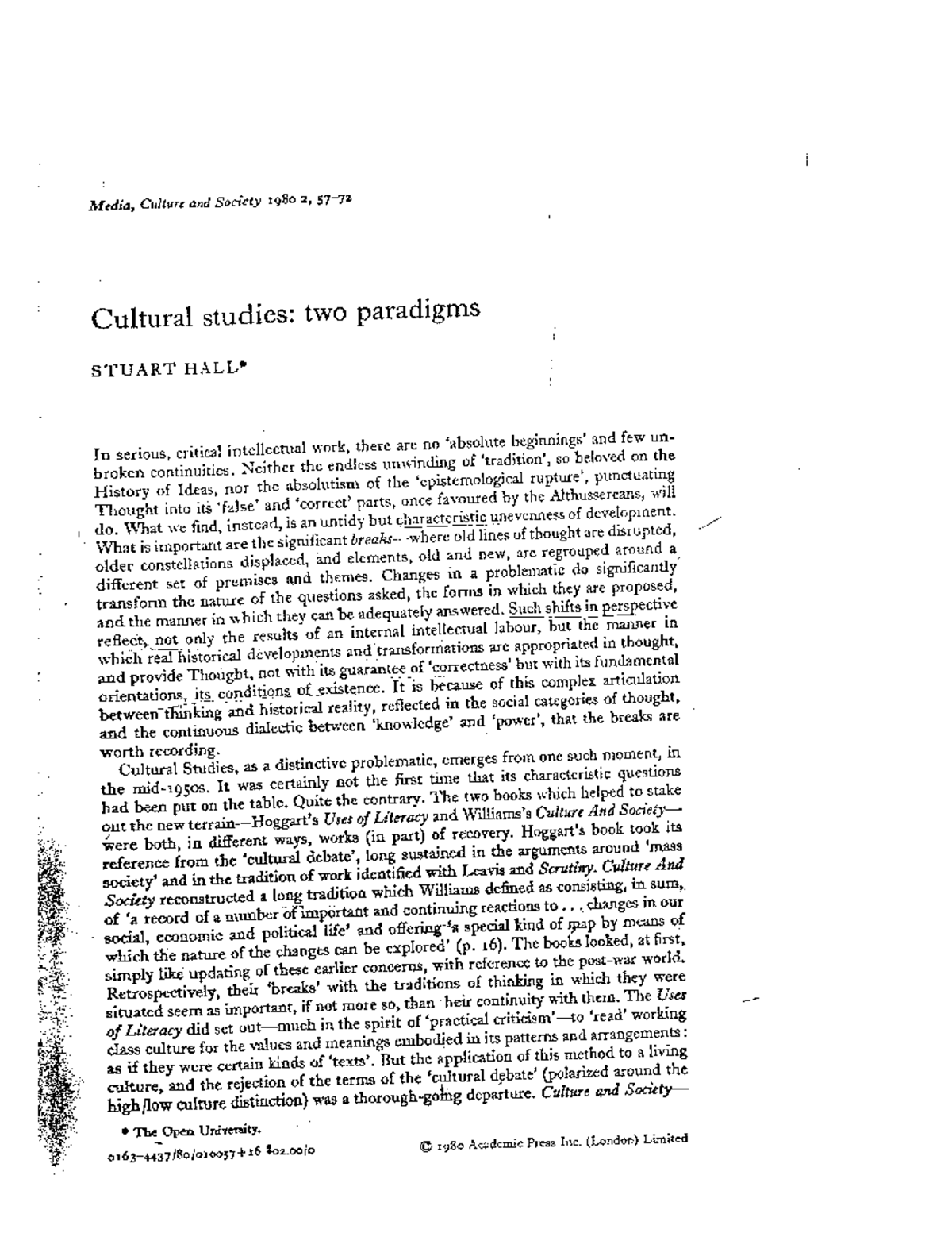 Hall Cultural Studies 2 Paradigms - Studocu