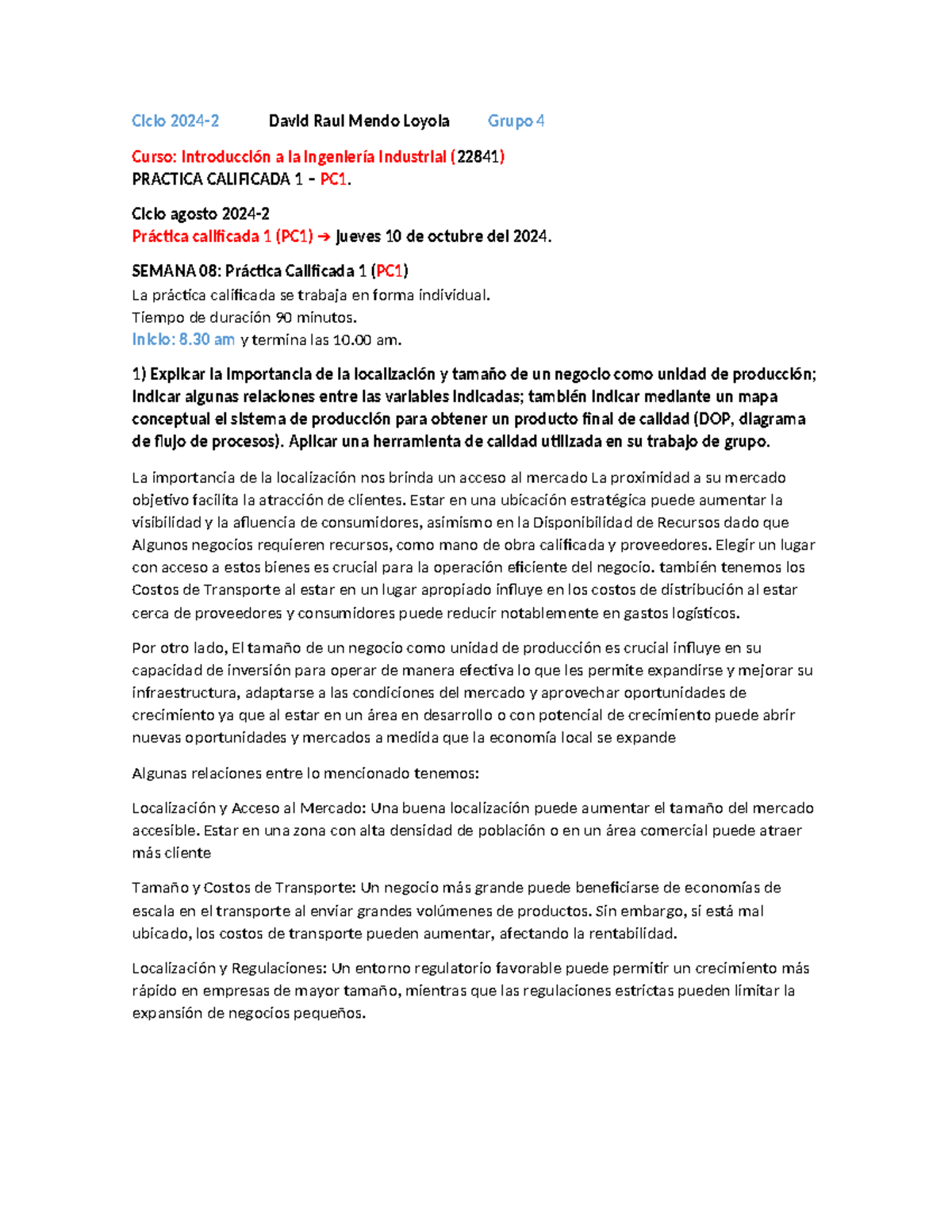 PC1 - importante - Ciclo 2024-2 David Raul Mendo Loyola Grupo 4 Curso ...