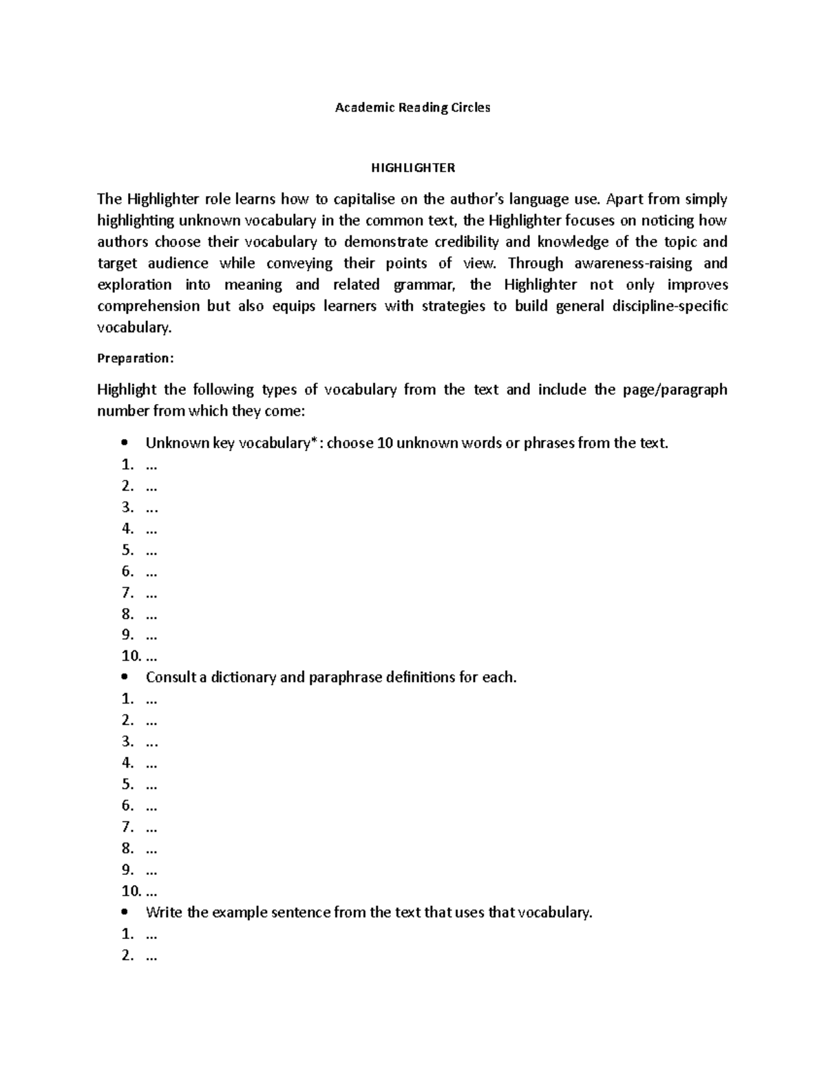 ARC roles Highlighter - Academic Reading Circles HIGHLIGHTER The Highlighter role learns how to ...