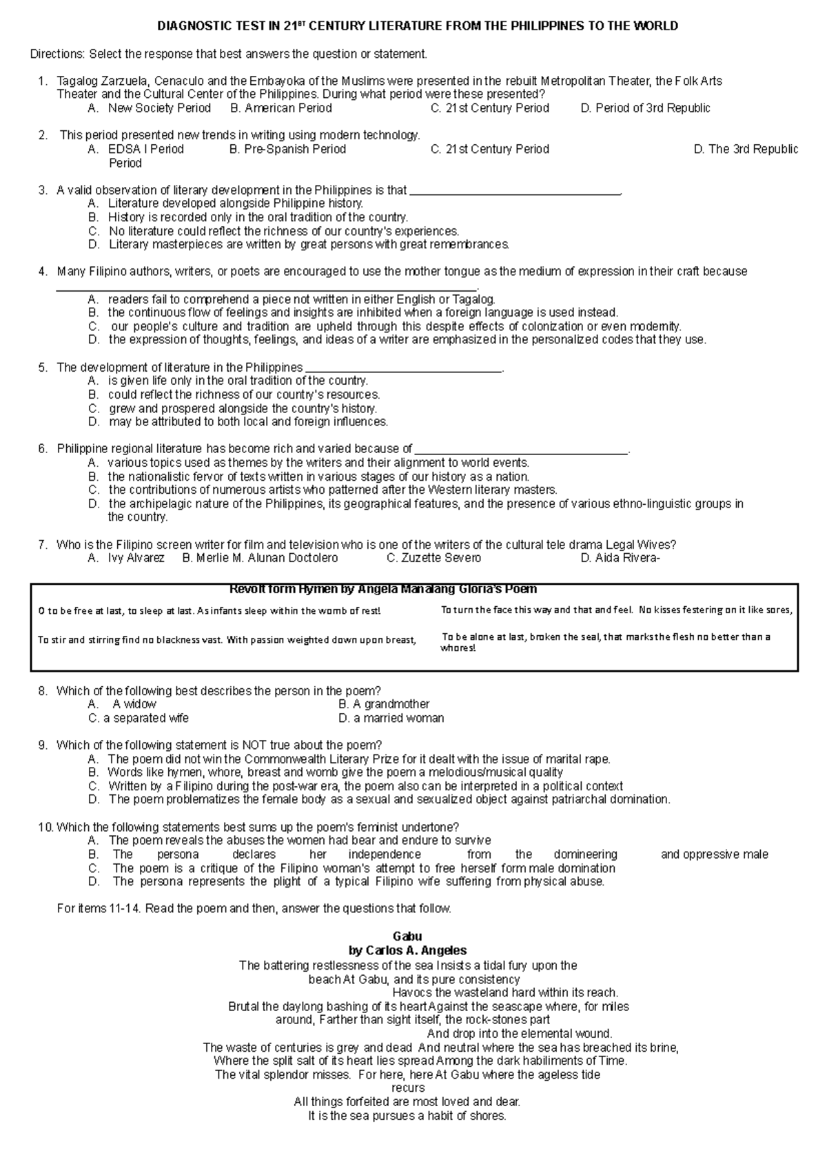 Diagnostic TEST IN 21ST Century Literature FROM THE Philippines TO THE ...