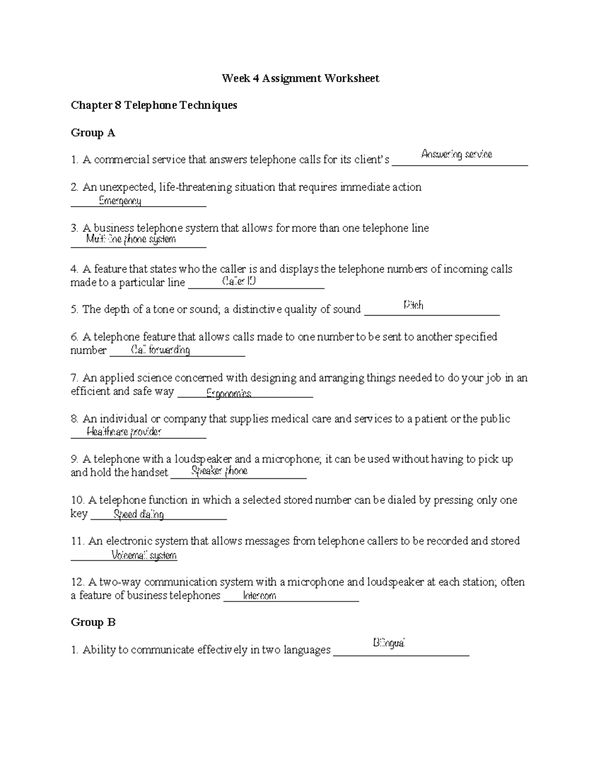 Week 4 Assignment Week 4 Week 4 Assignment Worksheet Chapter 8 Telephone Techniques Group A 7185
