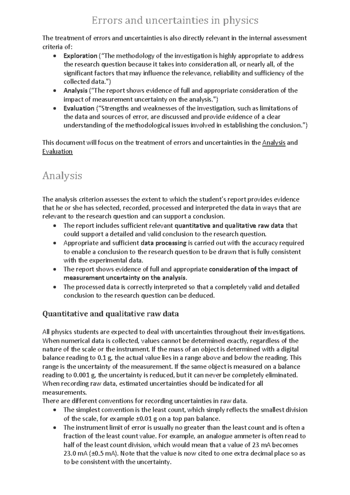 Errors and uncertainties in physics - ”) Analysis (“The report shows ...