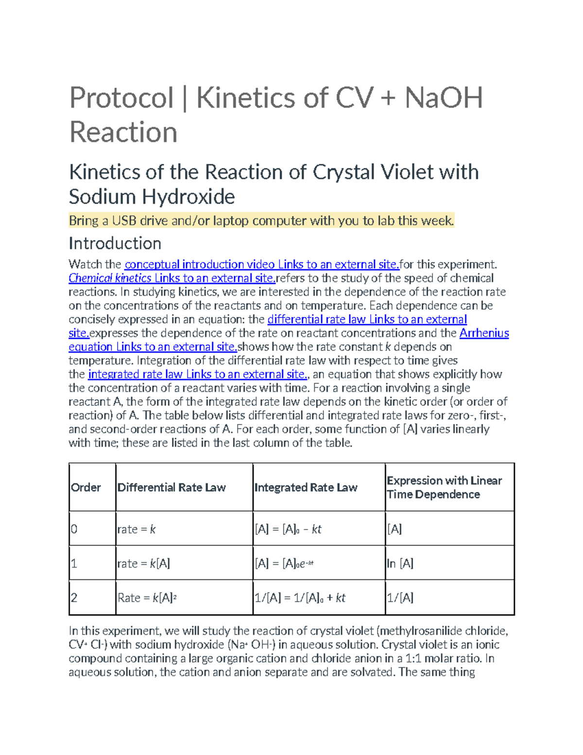 Crystal Violet Protocol - Protocol | Kinetics of CV + NaOH Reaction Kinetics of the Reaction of ...