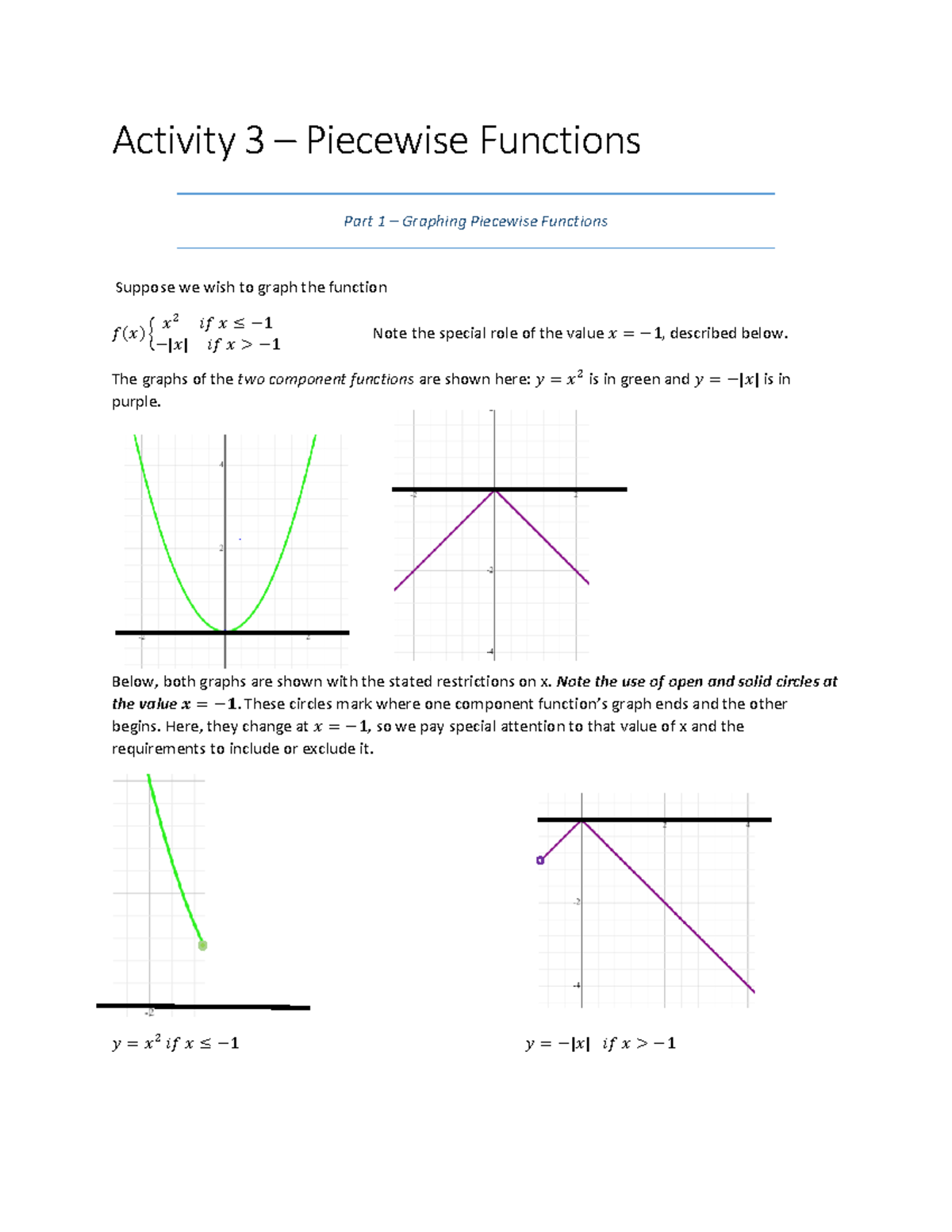 Activity 3 - for practice - Activity 3 – Piecewise Functions Part 1 ...