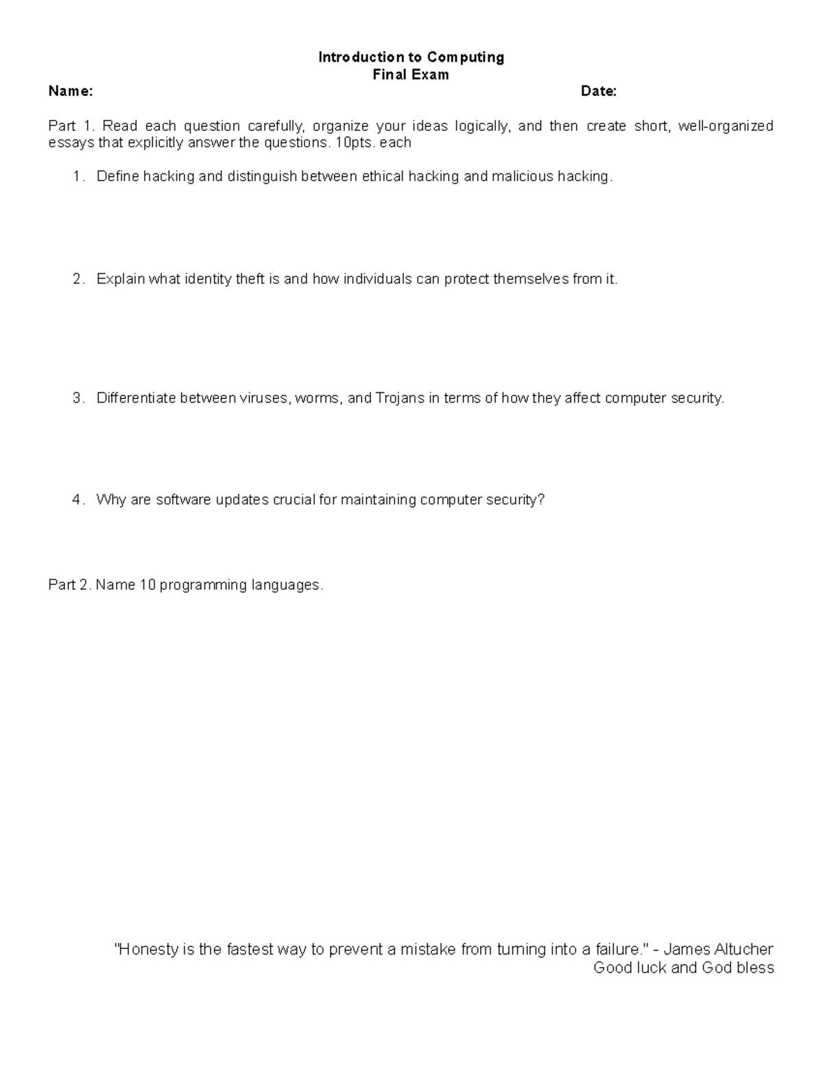 Introduction to Computing finals exam - Introduction to Computing Final ...