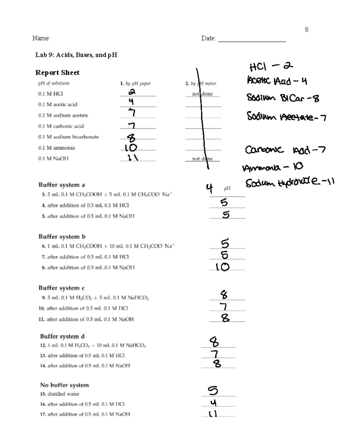 Lab 9: Acids, Bases, and pH - 8 Name ...