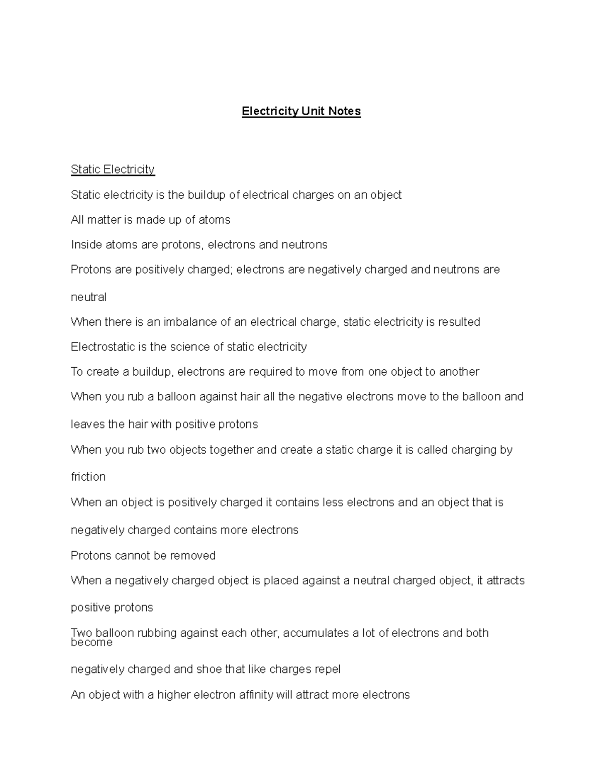 Electricity Unit Notes - Electricity Unit Notes Static Electricity ...