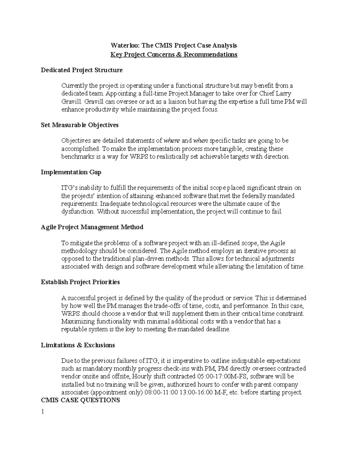 MBA 712 CMIS Case Analysis - Waterloo: The CMIS Project Case Analysis ...