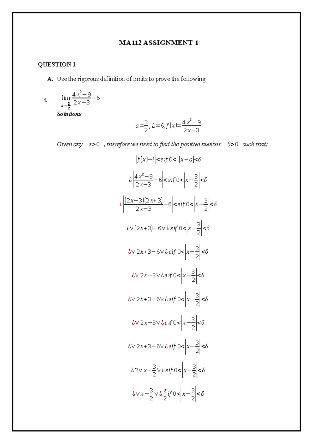 MA112 Assignment 1 - MA112 ASSIGNMENT 1 QUESTION 1 A. Use the rigorous ...