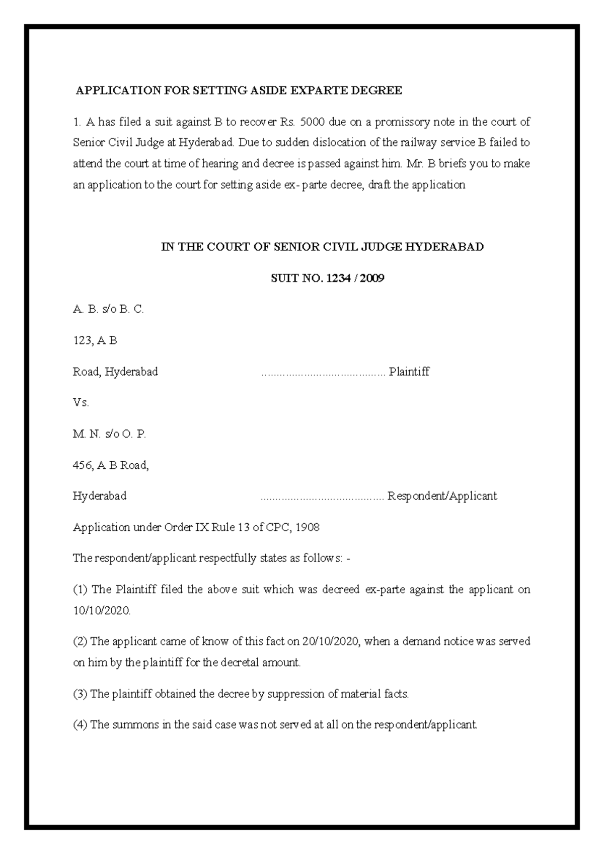 Application FOR Setting Aside EX Parte Decree - APPLICATION FOR SETTING ...