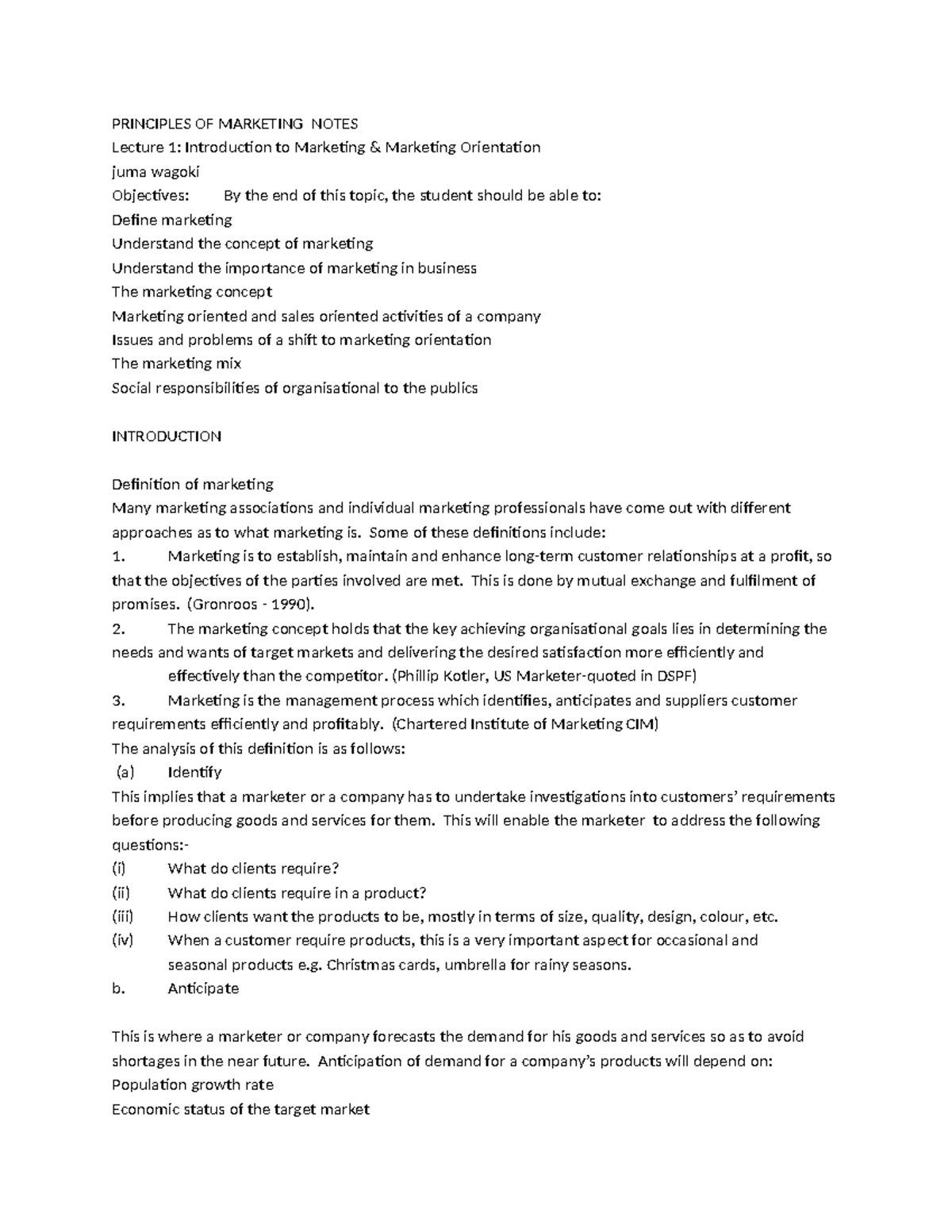 Principles OF Marketing - PRINCIPLES OF MARKETING NOTES Lecture 1 ...