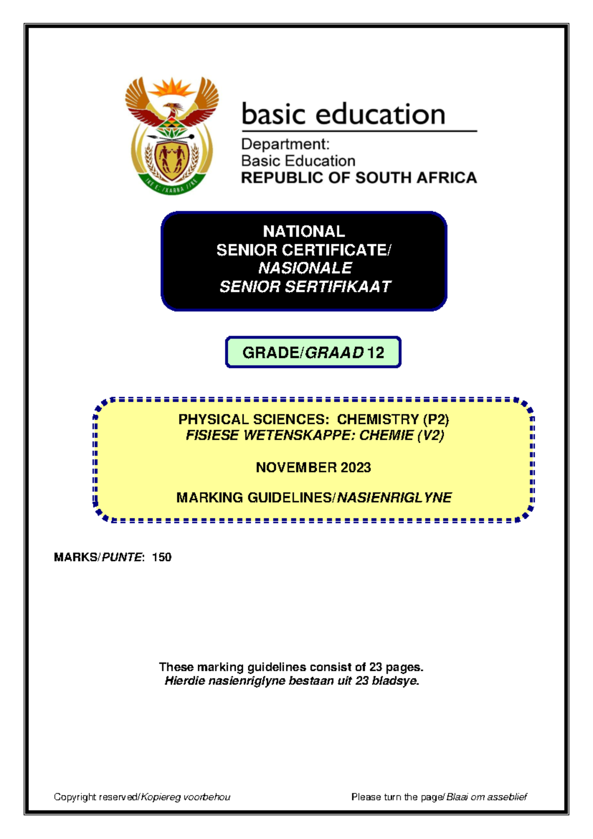 Physical Sciences P2 Nov 2023 MG Afr & Eng - MARKS/PUNTE: 150 These marking guidelines consist ...