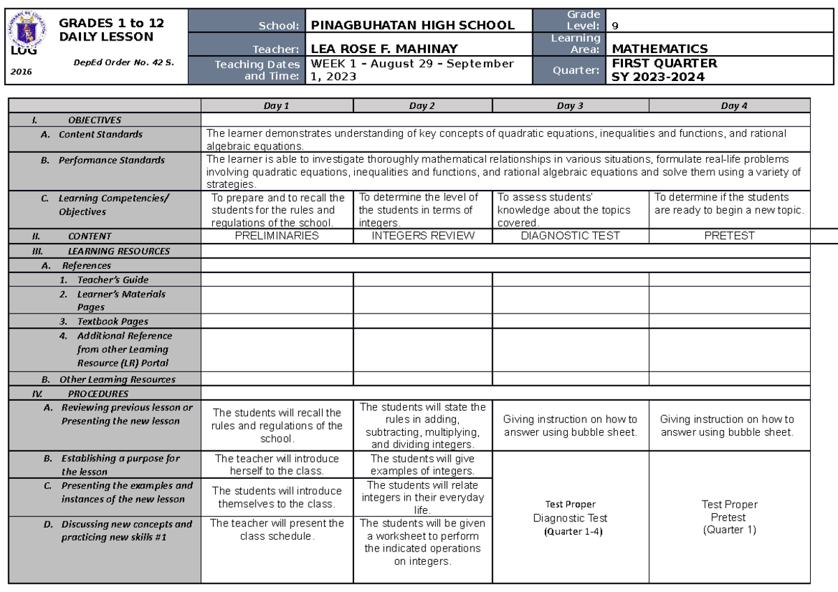 Q1-WEEK 1 - ABCD - GRADES 1 to 12 DAILY LESSON LOG DepEd Order No. 42 S ...